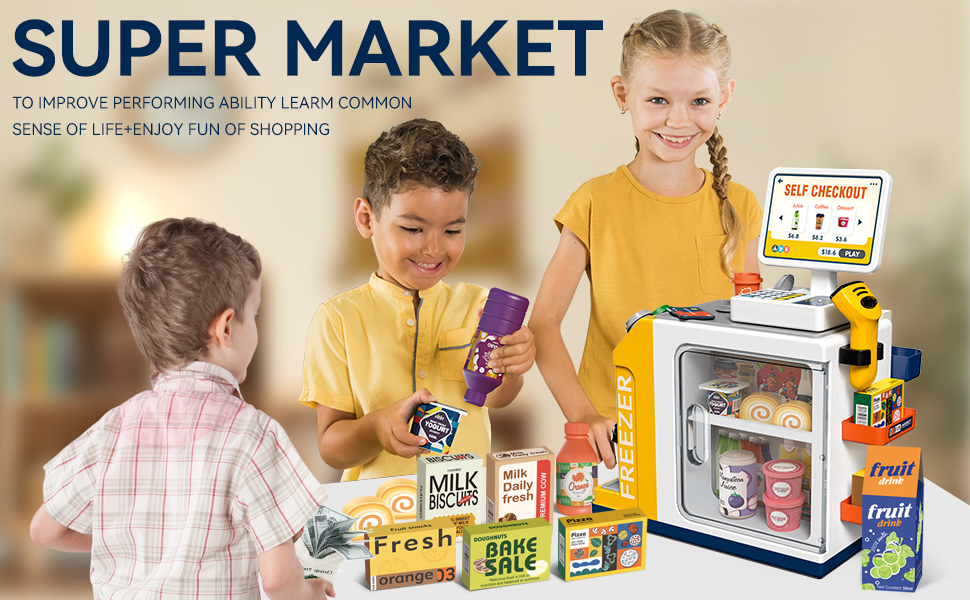 JoyGrow 47PCS Cash Register Playset for Kids Pretend Play Mini Supermarket Cashier Grocery Store ...