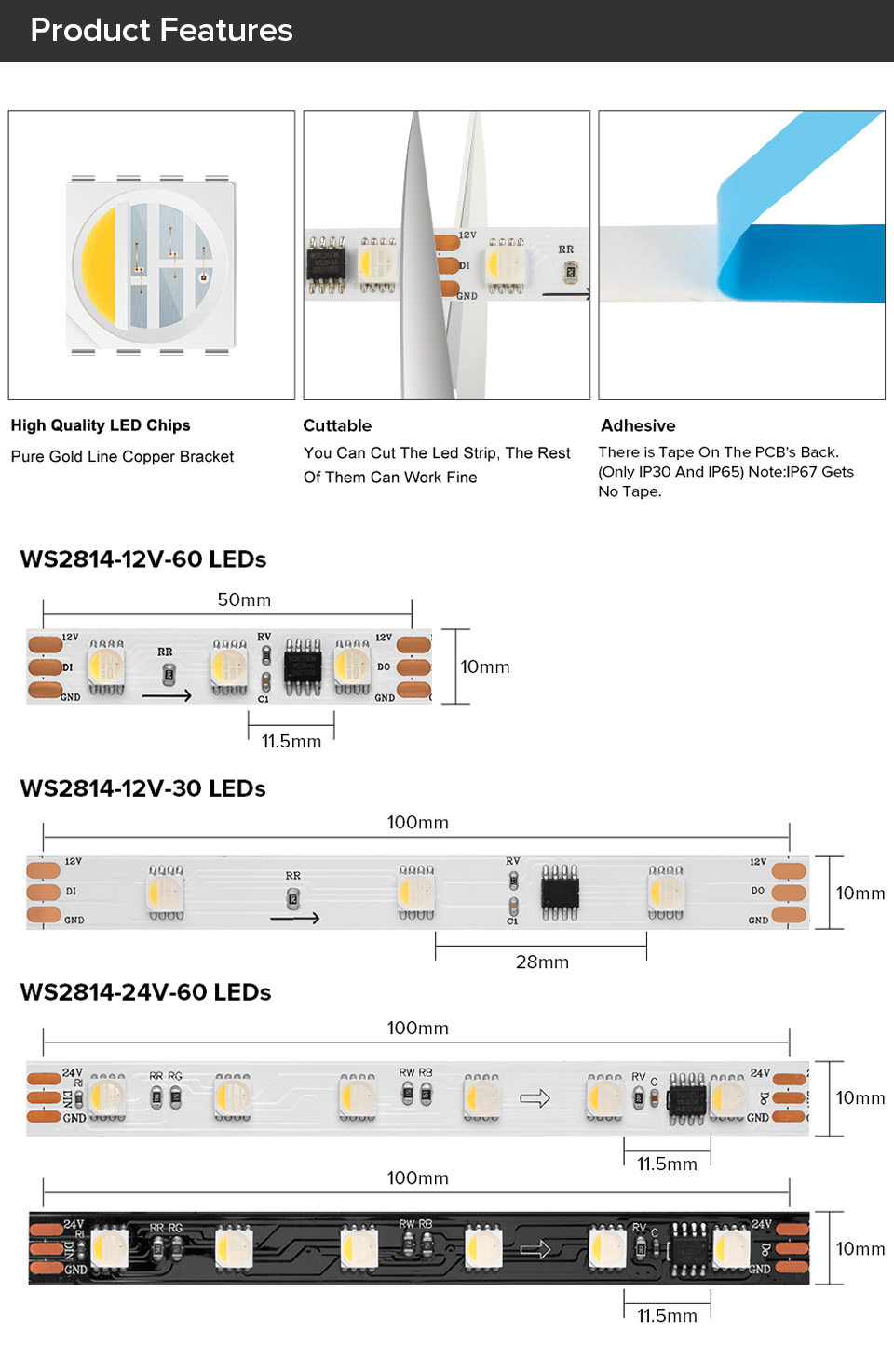 BTF-LIGHTING 12V/24V 60LEDs/m WS2814 RGBW IC LED Pixels Strip Light ...