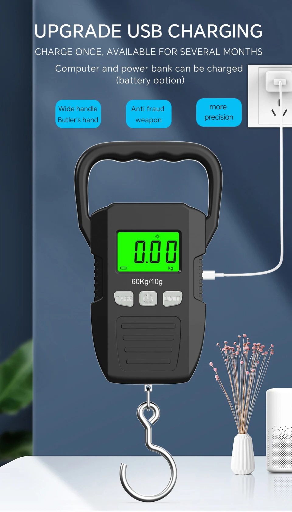 60kg/10g LCD Digital Hanging Scale Portable Battery/USB Charging Hook Scale Electronic Weighting ...