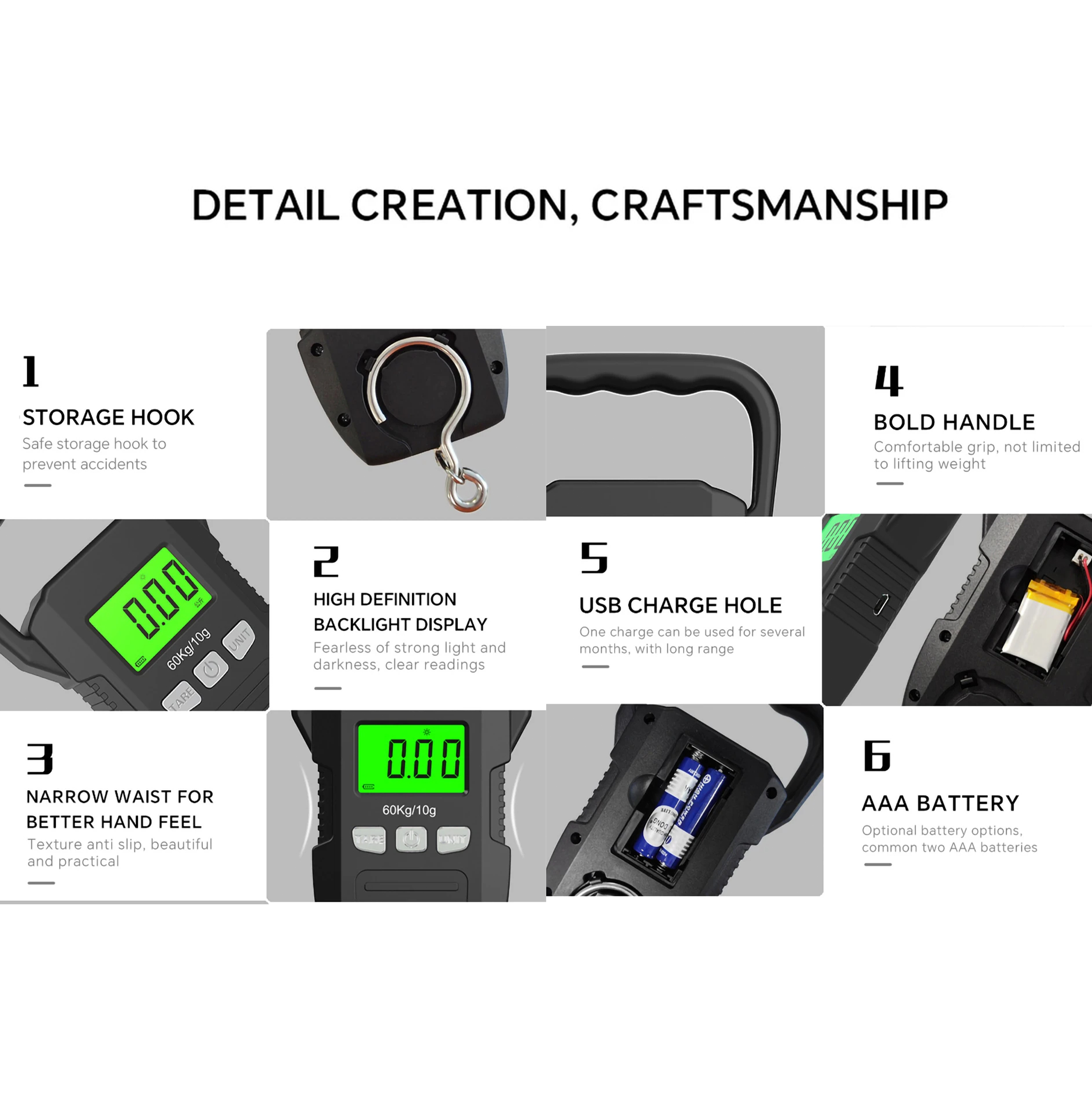 60kg/10g LCD Digital Hanging Scale Portable Battery/USB Charging Hook ...