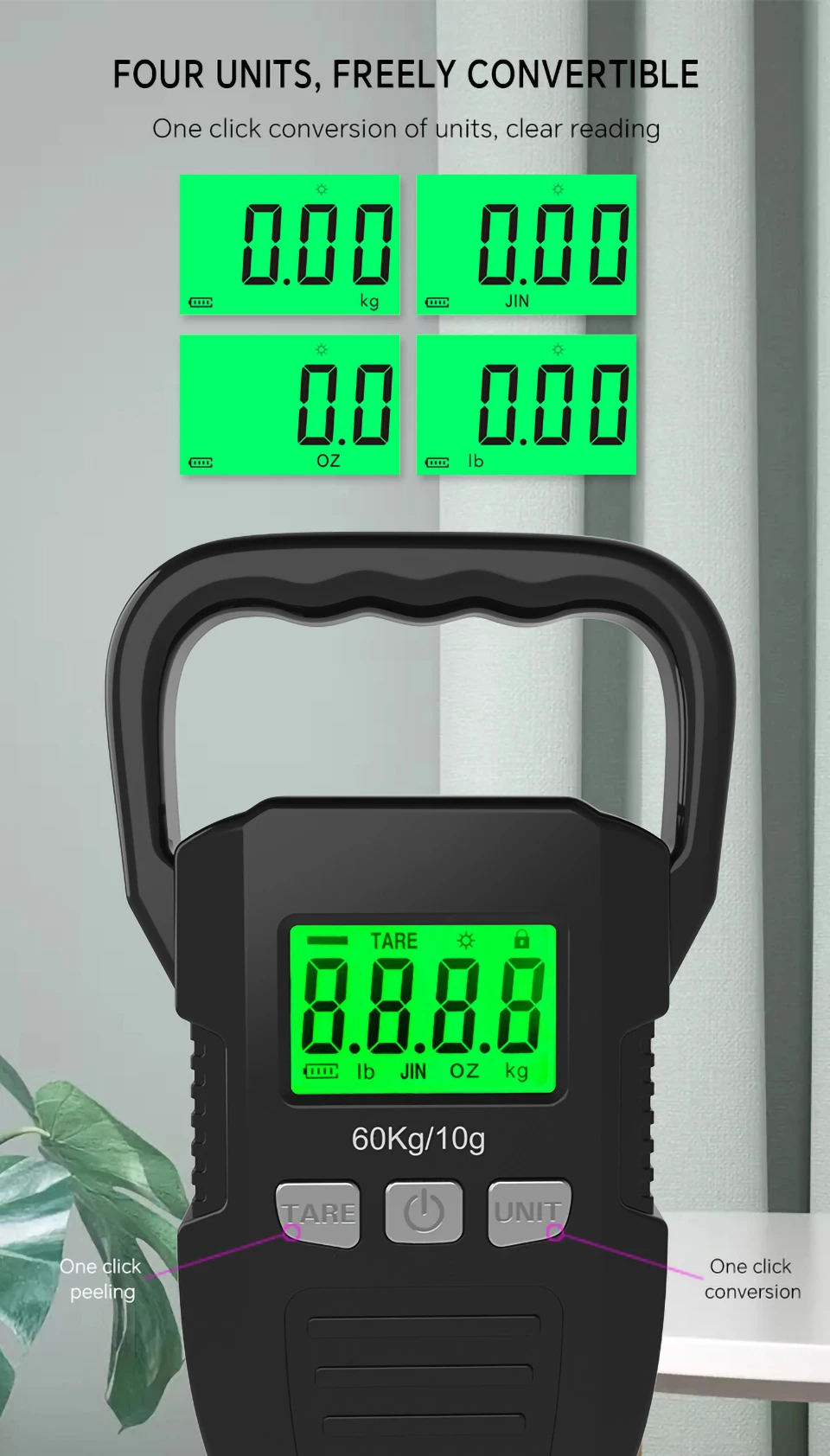 60kg/10g LCD Digital Hanging Scale Portable Battery/USB Charging Hook Scale Electronic Weighting ...