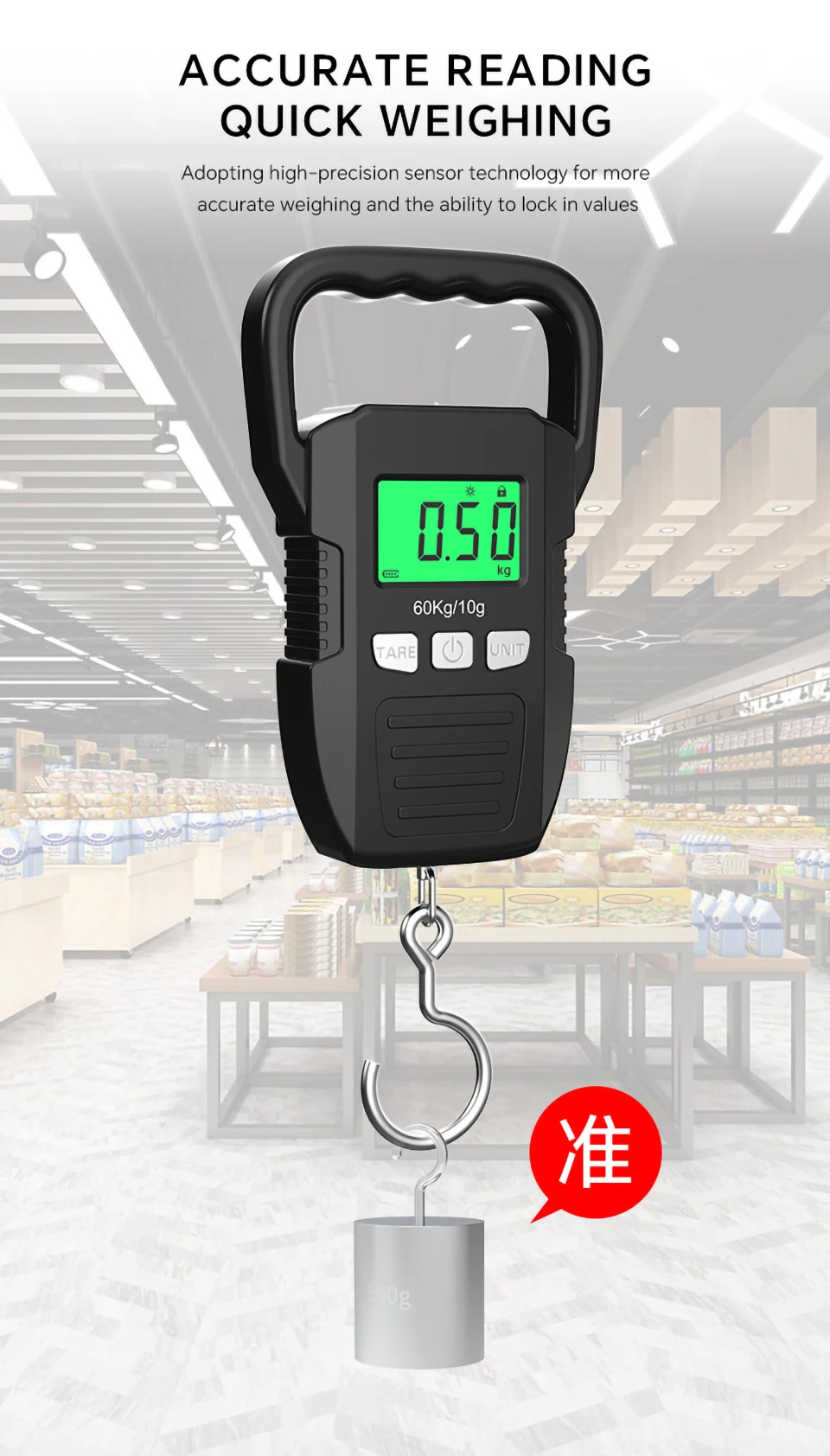60kg/10g LCD Digital Hanging Scale Portable Battery/USB Charging Hook ...