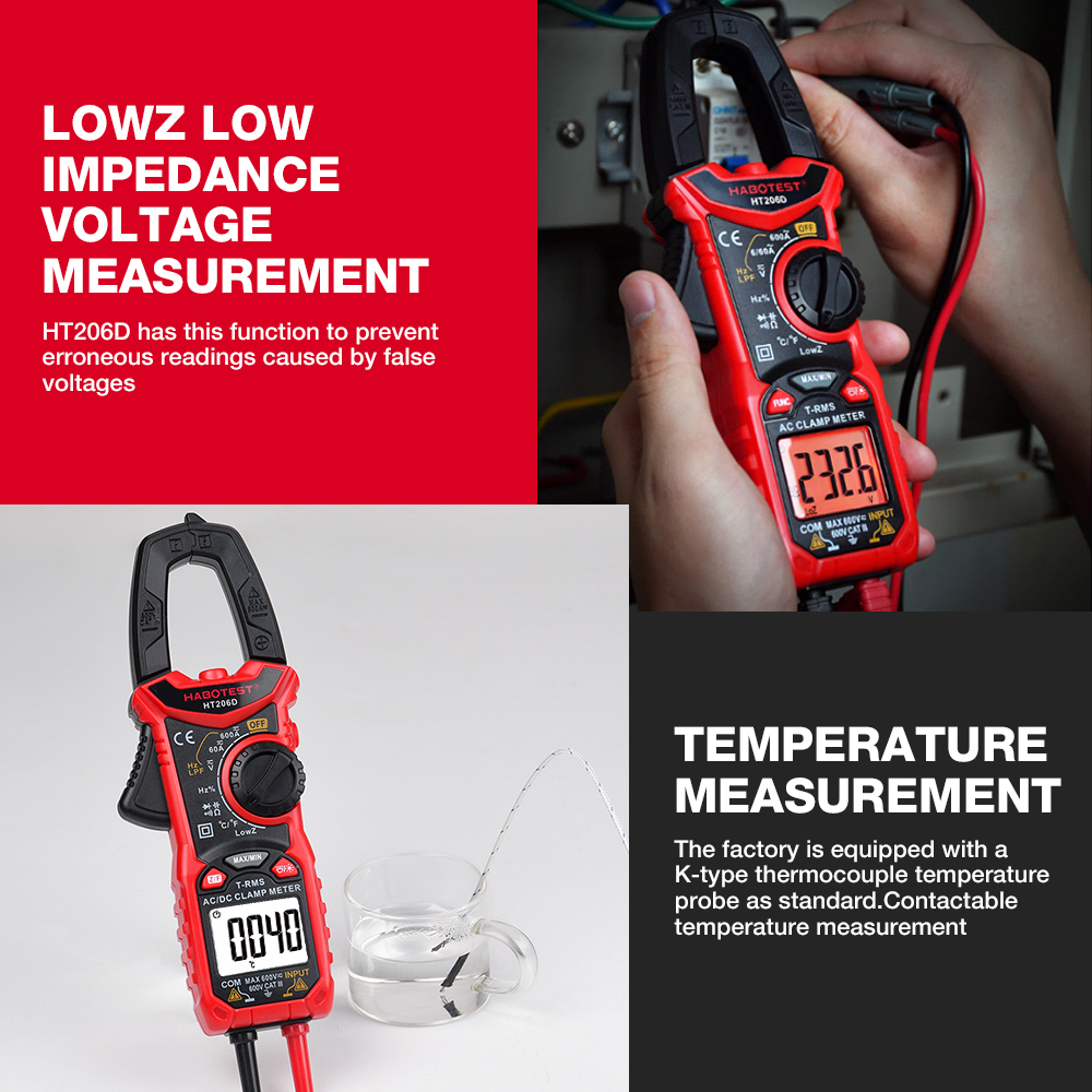 HABOTEST HT206 Digital Clamp Meter 600V AC/DC 6000 Counts Current Auto ...
