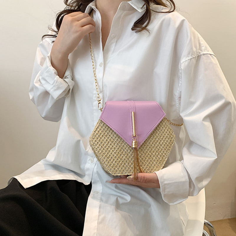 Hexagon Straw Women Summer Rattan Chain Shoulder Bag Handmade Woven ...