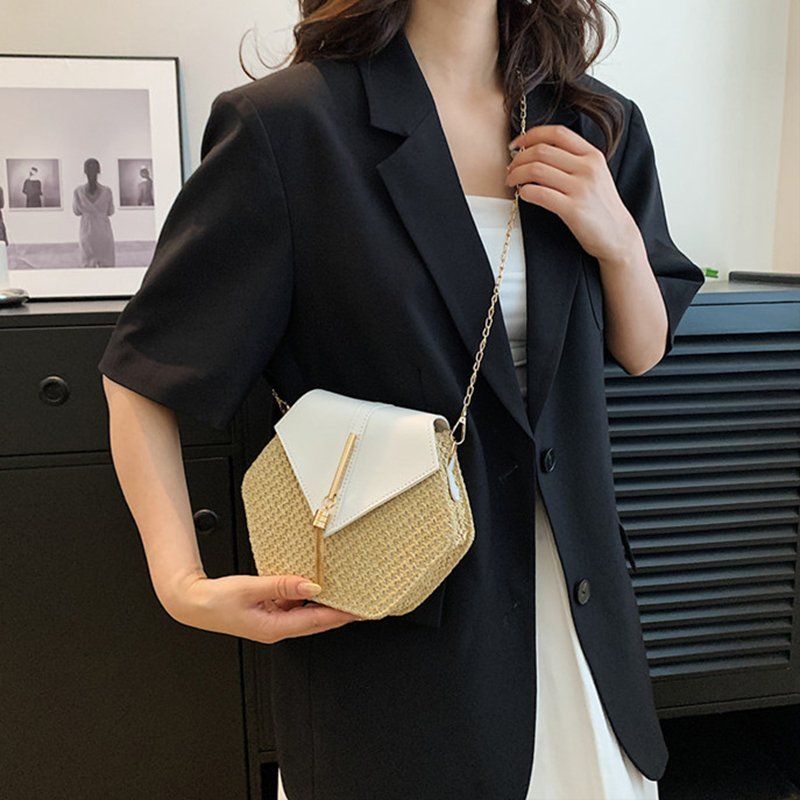 Hexagon Straw Women Summer Rattan Chain Shoulder Bag Handmade Woven ...