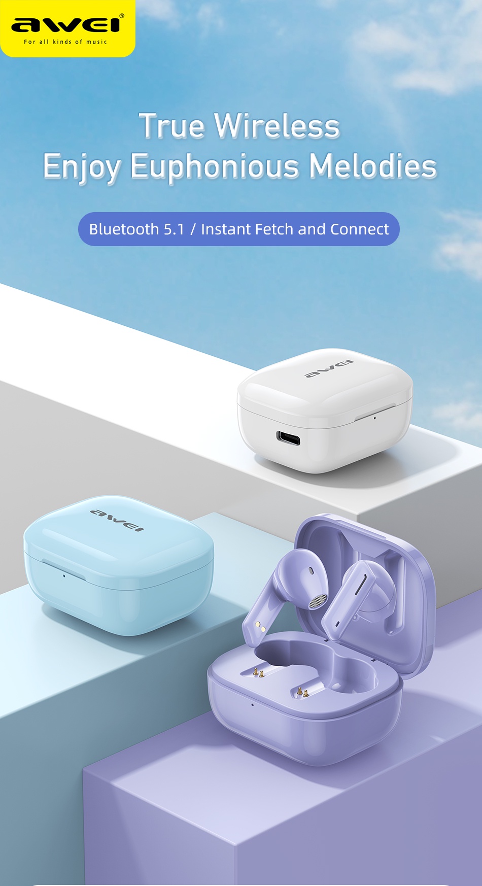 Awei T36 Wireless Earbud Bluetooth 5.3 Earphone IPX4 Waterproof 6 Hours ...