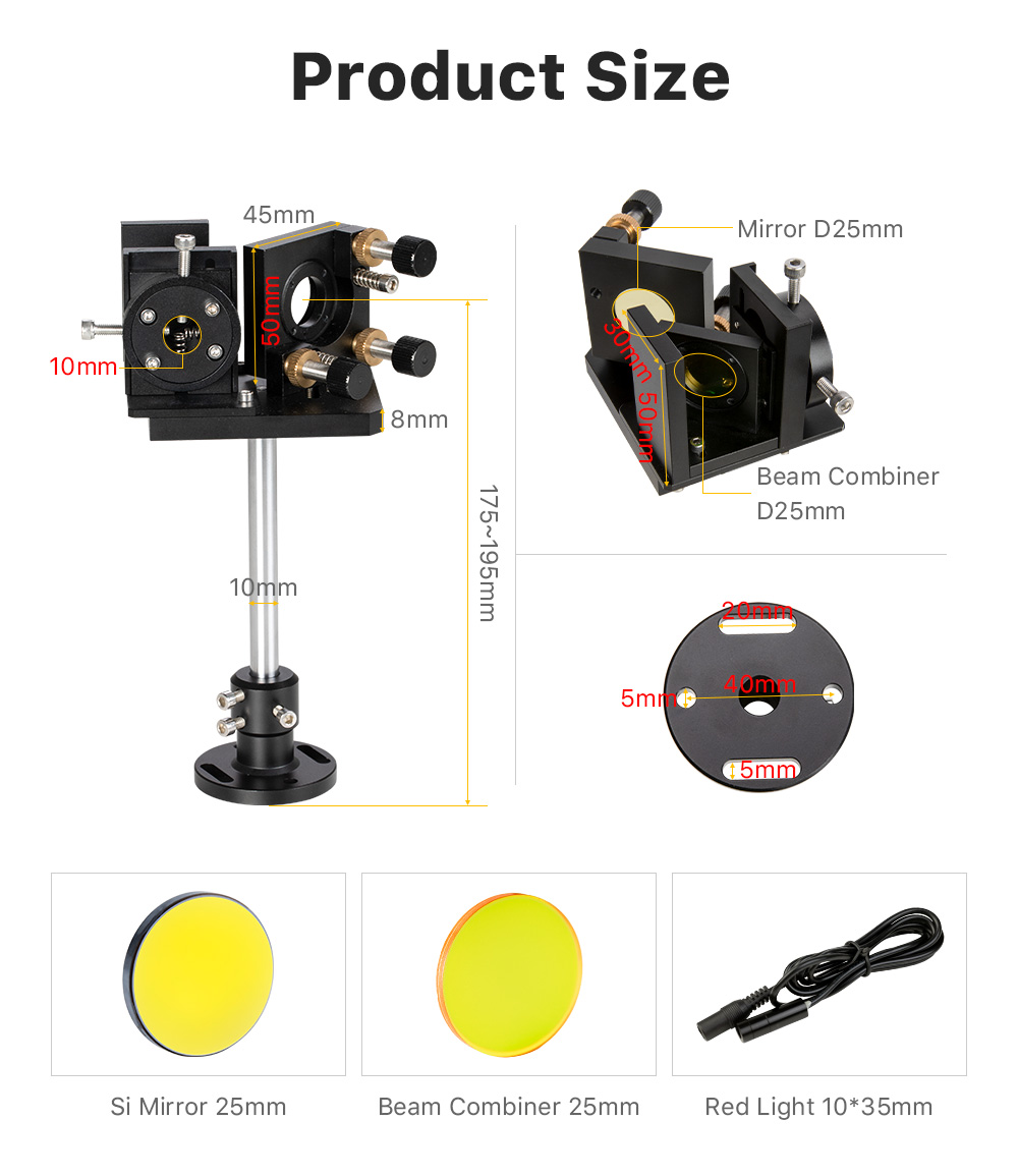 Cloudray Beam Combiner Set 25mm Laser Beam Combiner +Mirror Mount + Laser Red Pointer for CO2 ...