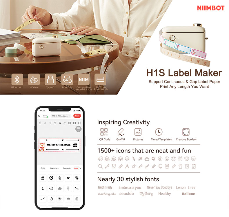 NIIMBOT H1S Mini Label Printer - Print Continuous Label Paper, Support ...