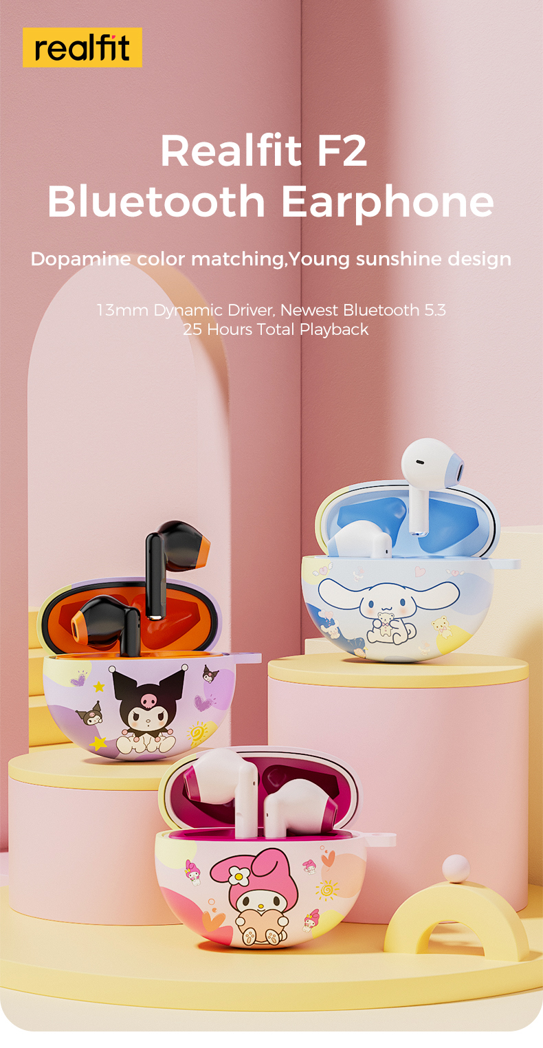 Realfit F2 Bluetooth Earphone with Cartoon Case Mini Wireless Earbuds ...