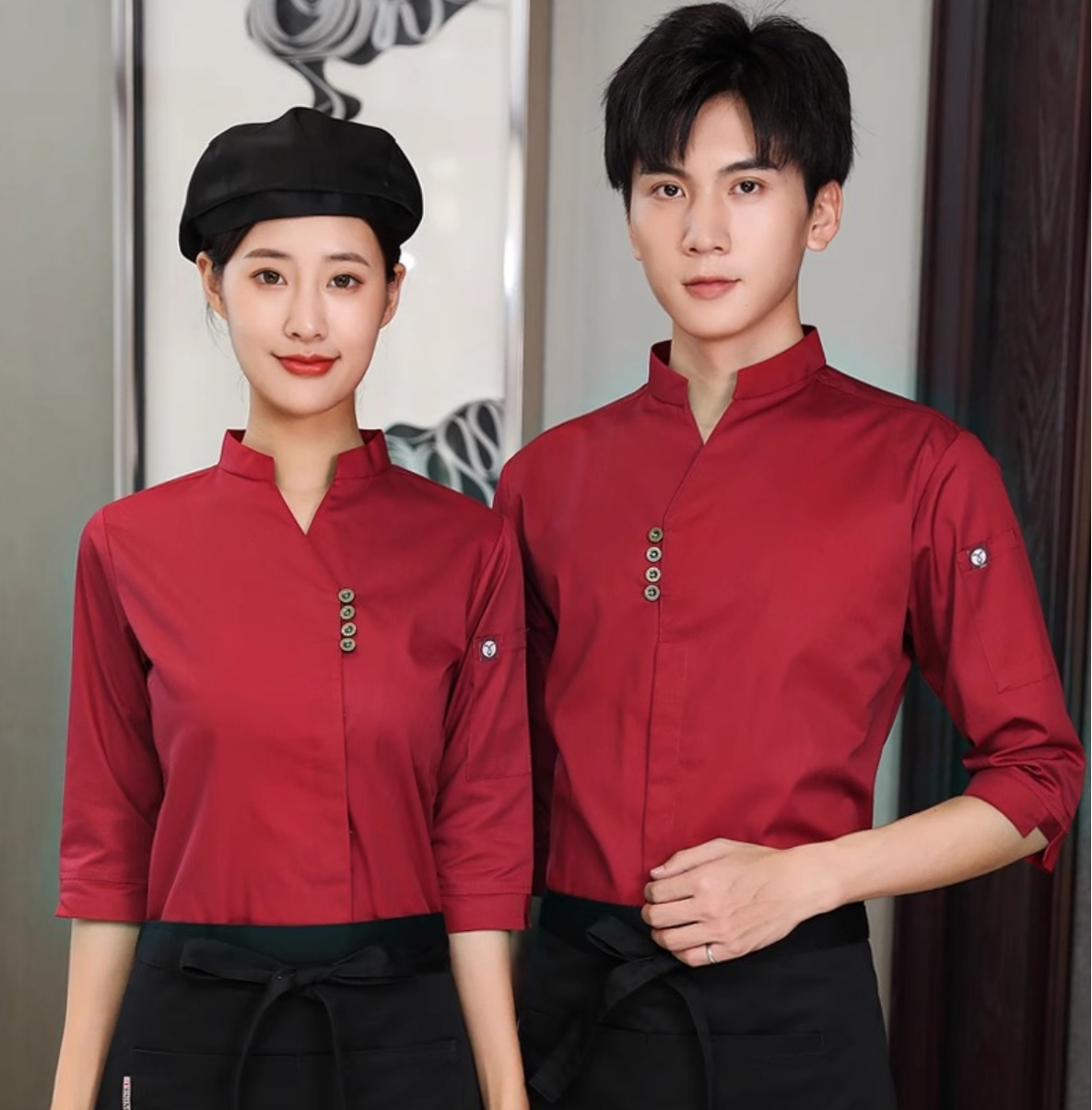 Hotel uniforms, male waiters work clothes, mid-sleeves, three-quarter ...