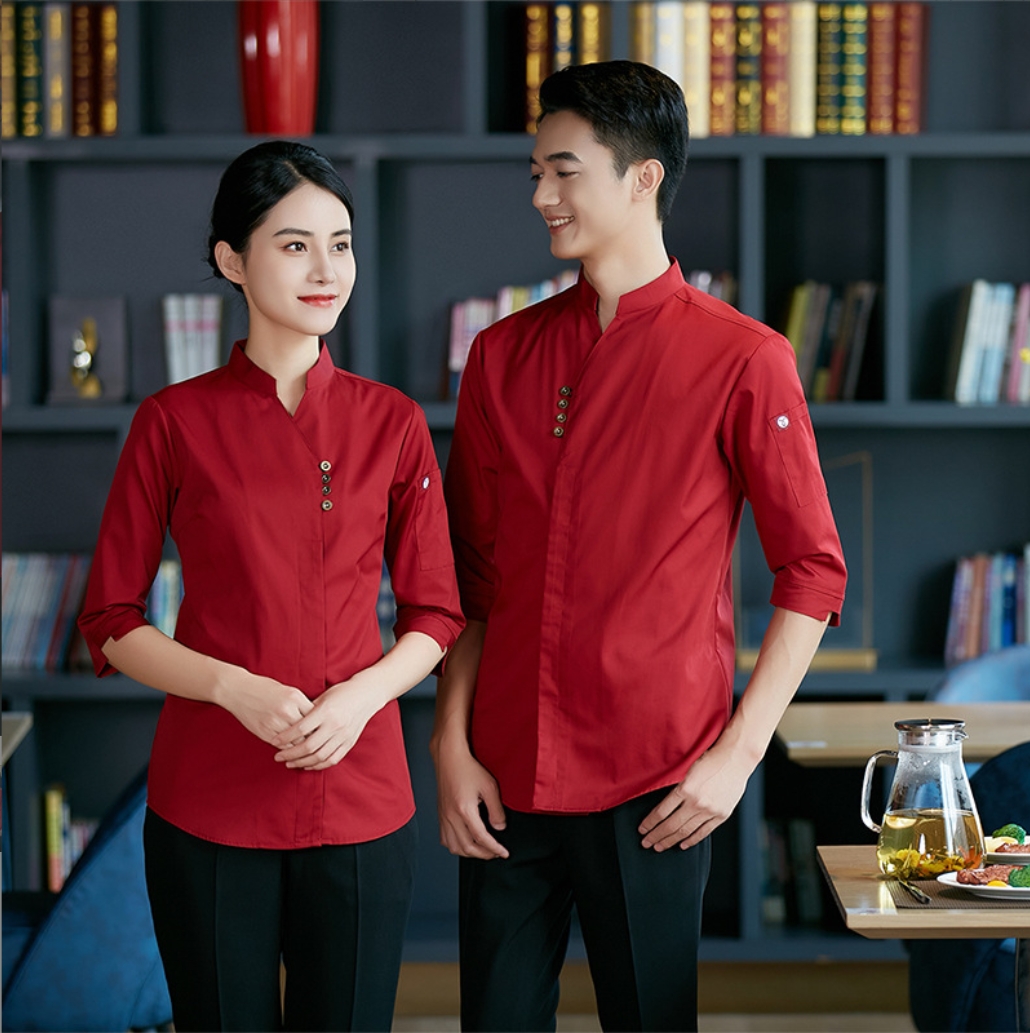Hotel uniforms, male waiters work clothes, mid-sleeves, three-quarter ...