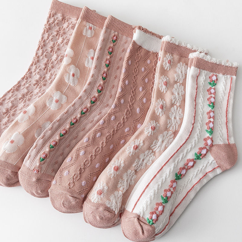 Women Cute Pink Socks Mid-Tube Socks Embossed Flowers Court Style Women ...