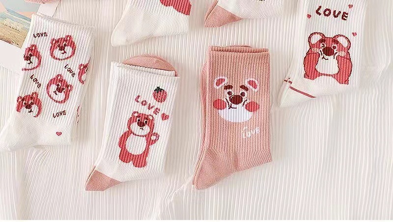 Ladies Cute Pink Strawberry Socks Cotton Preppy Style Girl Mid-tube ...