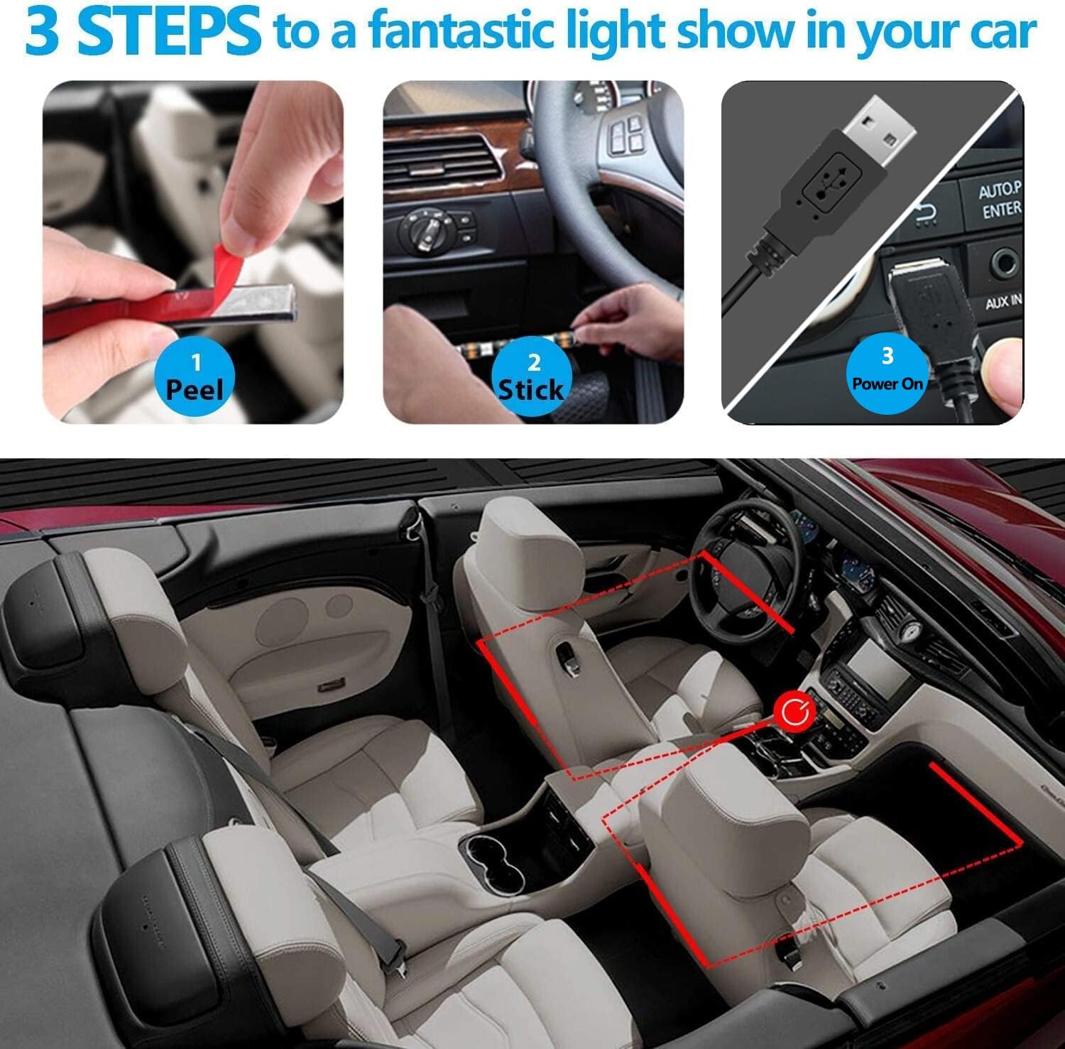 Car Led Light Ambient Interior Neon Lights Strips 36 LEDs Foot Lighting ...