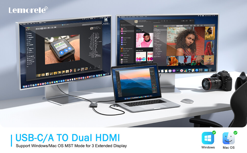 Lemorele HD10 Hub USB-A USB-C Adapter Type-C/USB-A 2.0 To Dual HDMI ...