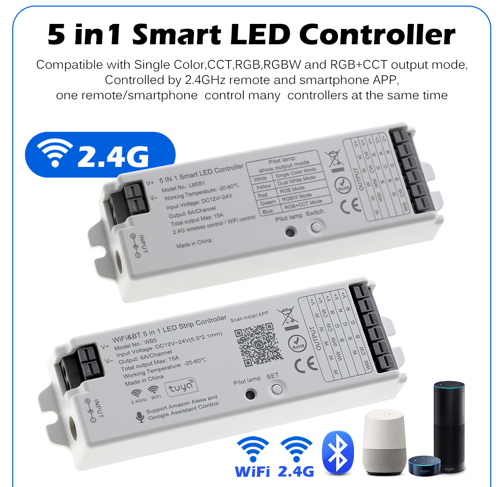 Smart LED Controller WiFi BT 5 IN 1 2.4GHz RF RGB+CCT Remote Controller ...
