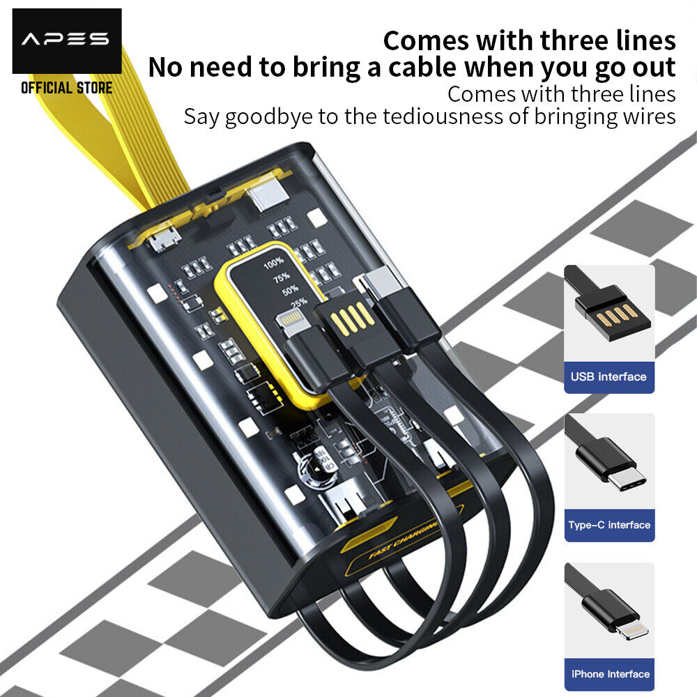 APES New Transparent 10000mah Powerbank Built-in 3 Cables Cover Fast ...