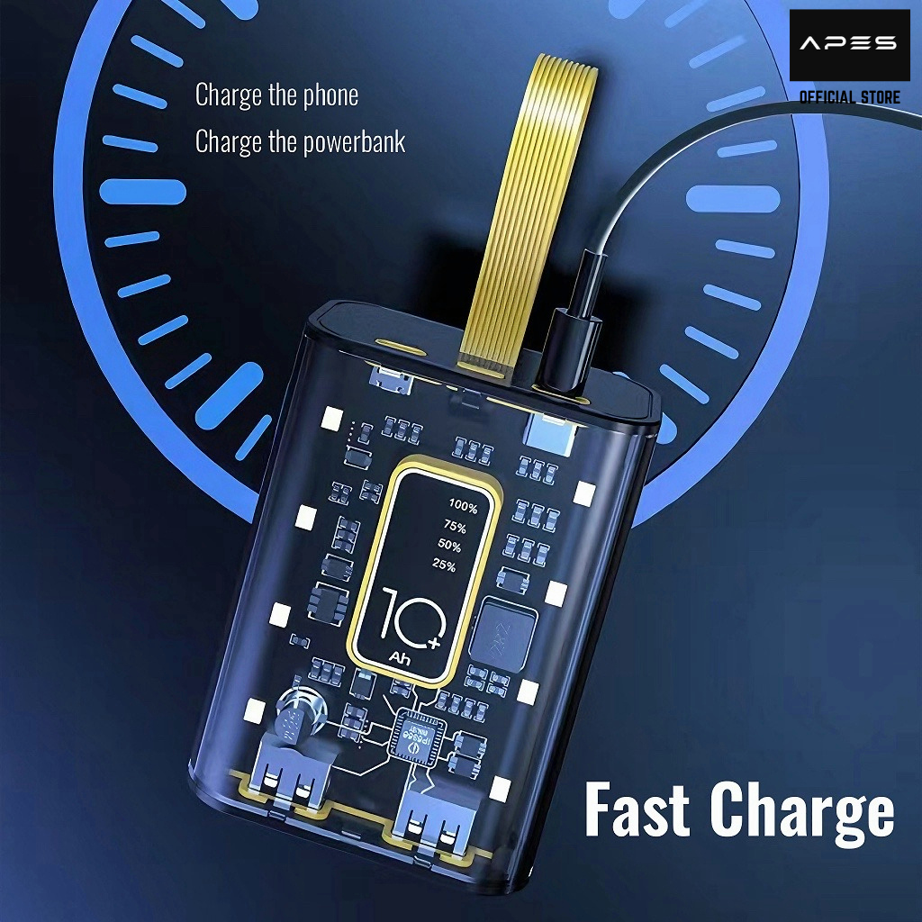 APES New Transparent 10000mah Powerbank Built-in 3 Cables Cover Fast ...
