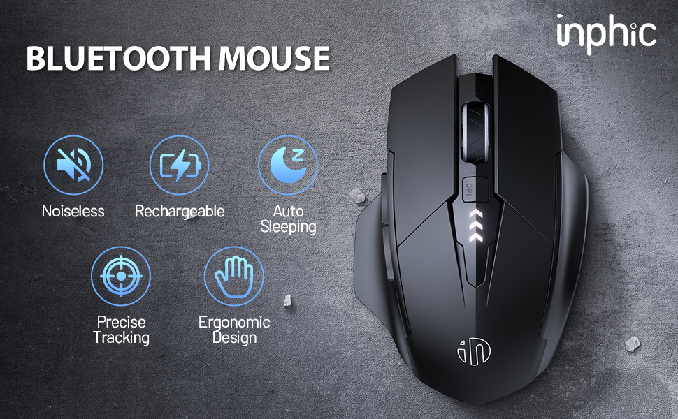 Inphic A1 Wireless Bluetooth Mouse Rechargeable Bluetooth+2.4G Silent ...