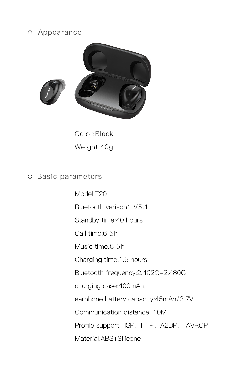Awei T20 TWS In Ear Mini Earbuds Gaming Bluetooth 5.3 Quality Sound ...