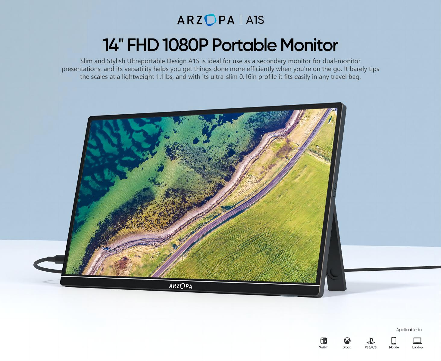 ARZOPA A1S Portable Monitor External Display With Dual Speakers (14 ...