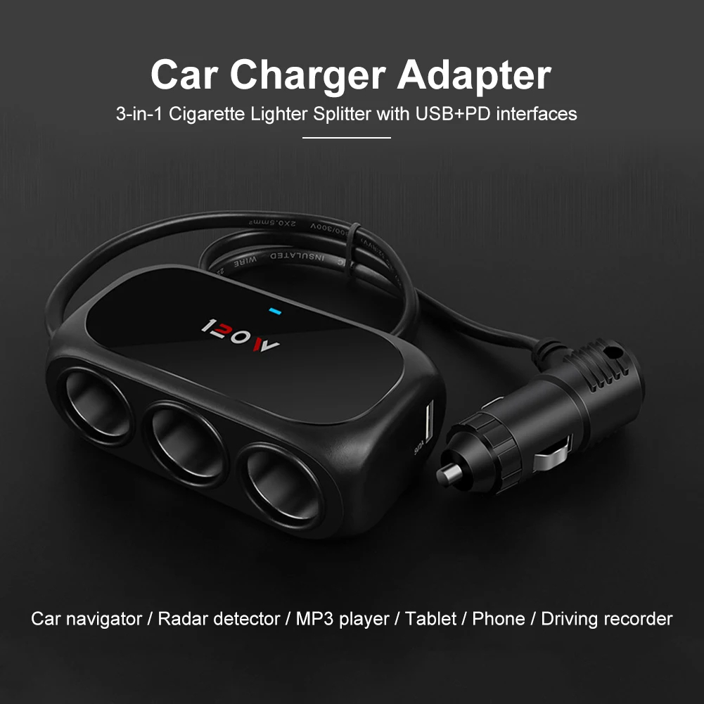 120W Car Charger Adapter 12V 24V 3 Socket Cigarette Lighter Splitter ...
