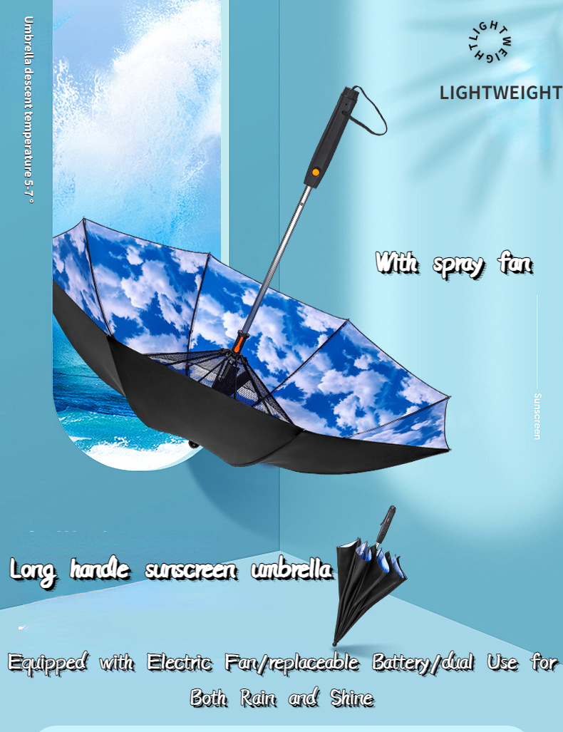 Creative Umbrella With Fan And Mist Spray Long Handle Sunny And Rainy ...