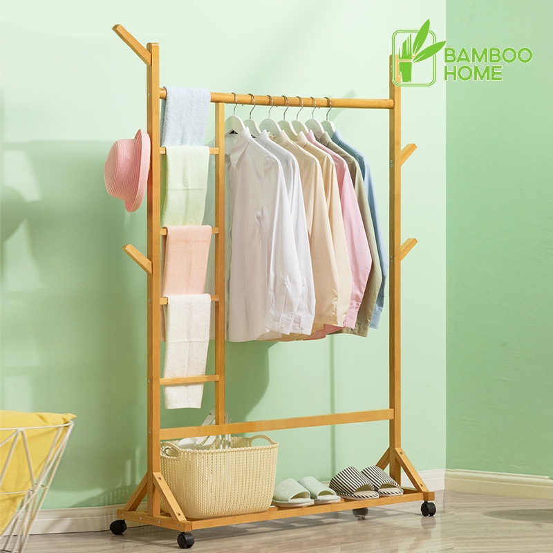 【Ready Stock】Bamboo Clothes Rack 50/60/80/100CM Moving Towel Rack Rak ...
