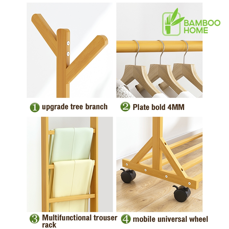 【Ready Stock】Bamboo Clothes Rack 50/60/80/100CM Moving Towel Rack Rak ...