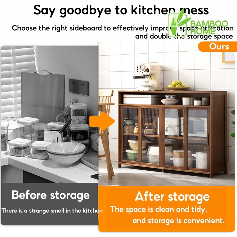 4/3 Doors Bamboo Kitchen storage rack With Transparent door Microwave ...