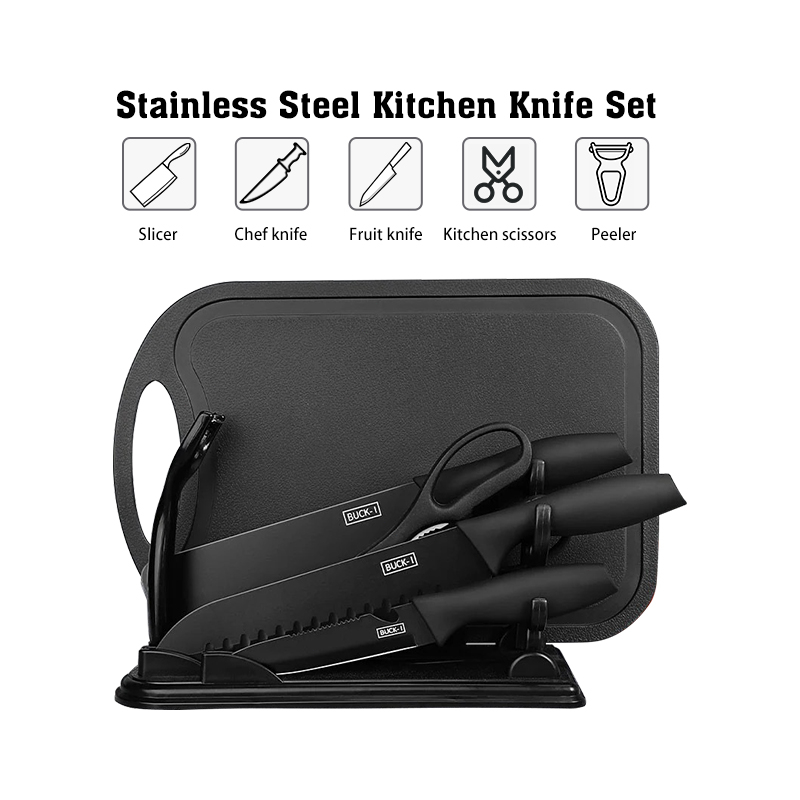 GEESO 7 in 1 Black Steel Nonstick Kitchen Knife Set Dapur Pisau Gunting ...