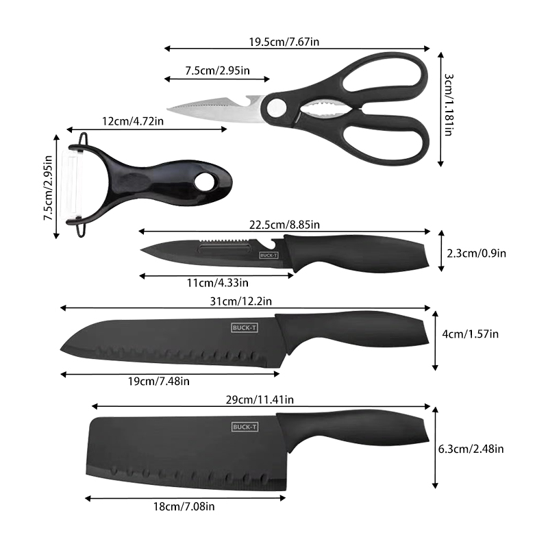 GEESO 7 in 1 Black Steel Nonstick Kitchen Knife Set Dapur Pisau Gunting ...