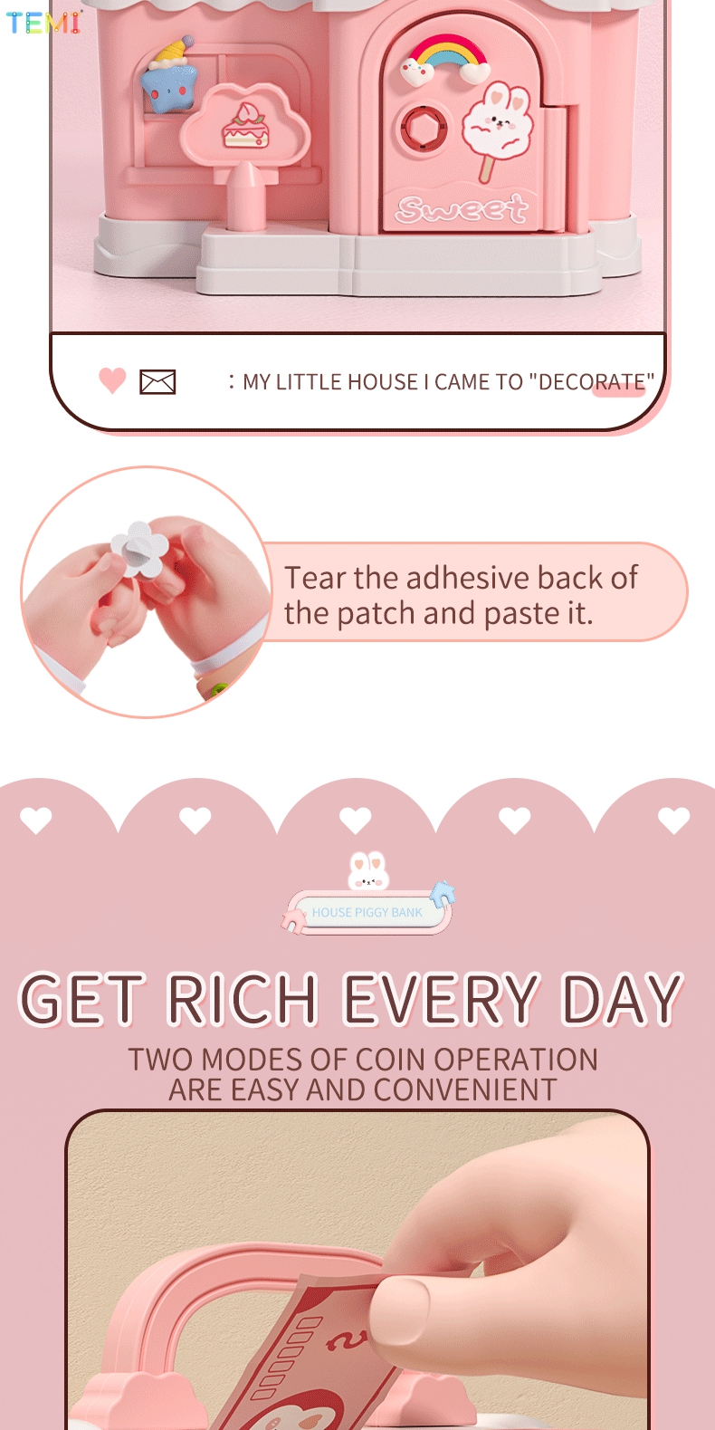 TEMI Cute Mushroom House Piggy Bank Children Cartoon Coin Bank Student ...