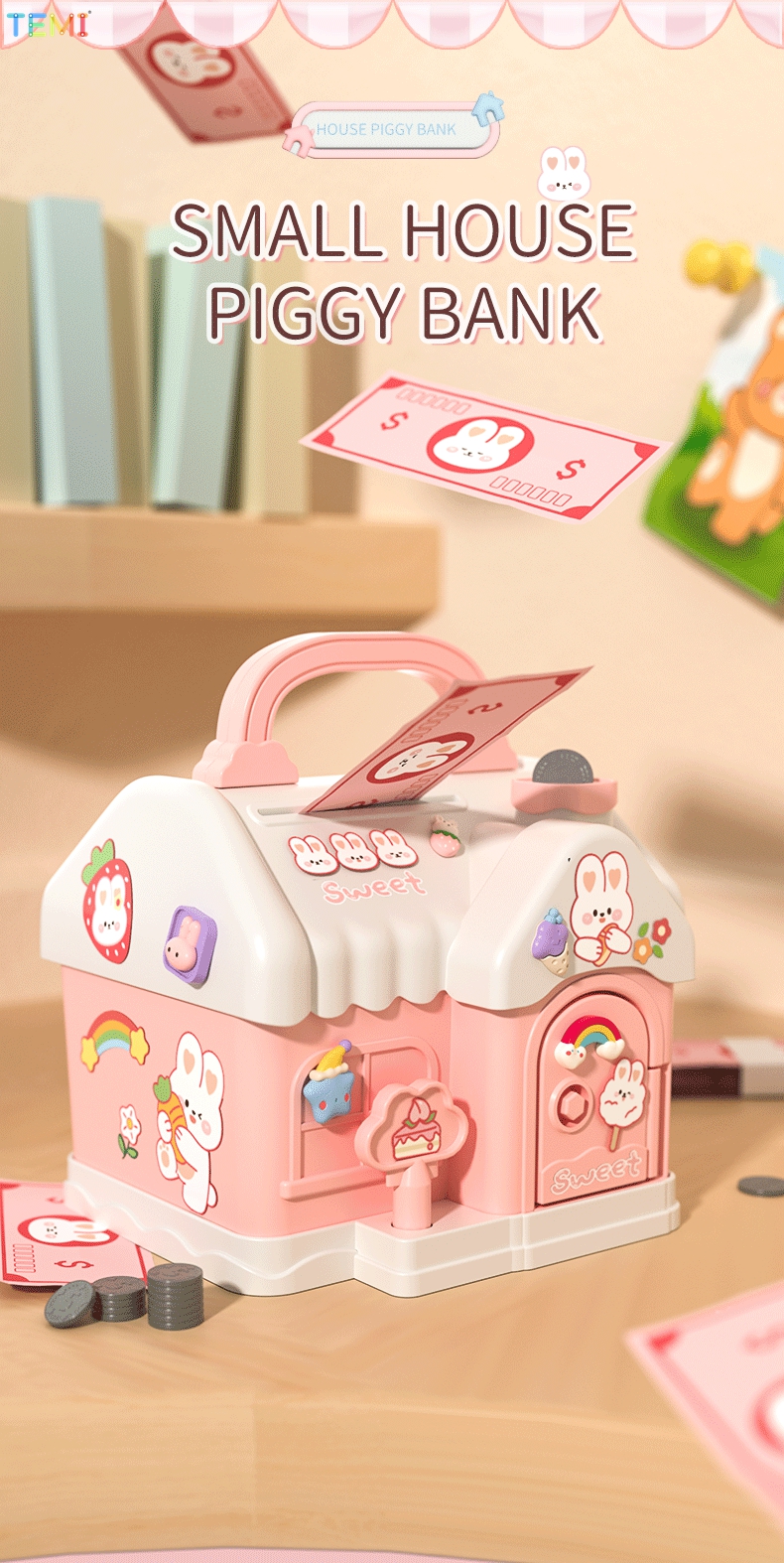 TEMI Cute Mushroom House Piggy Bank Children Cartoon Coin Bank Student ...