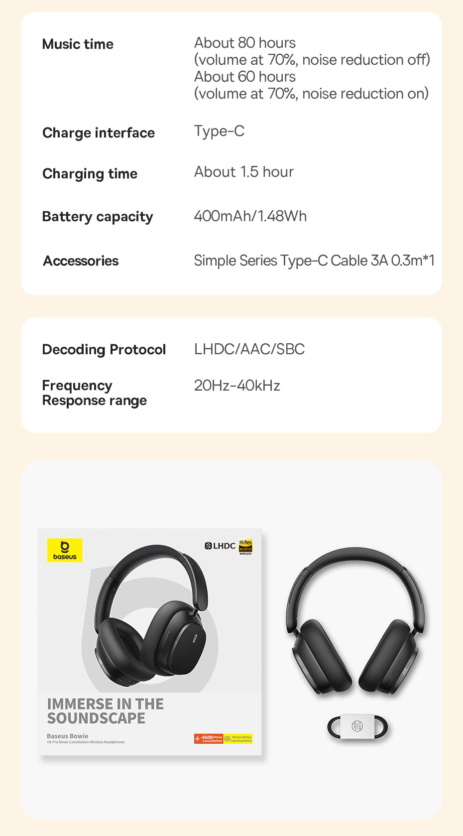 Baseus H1 Pro Wireless Headphone Hybrid -48dB Active Noise Cancellation ...