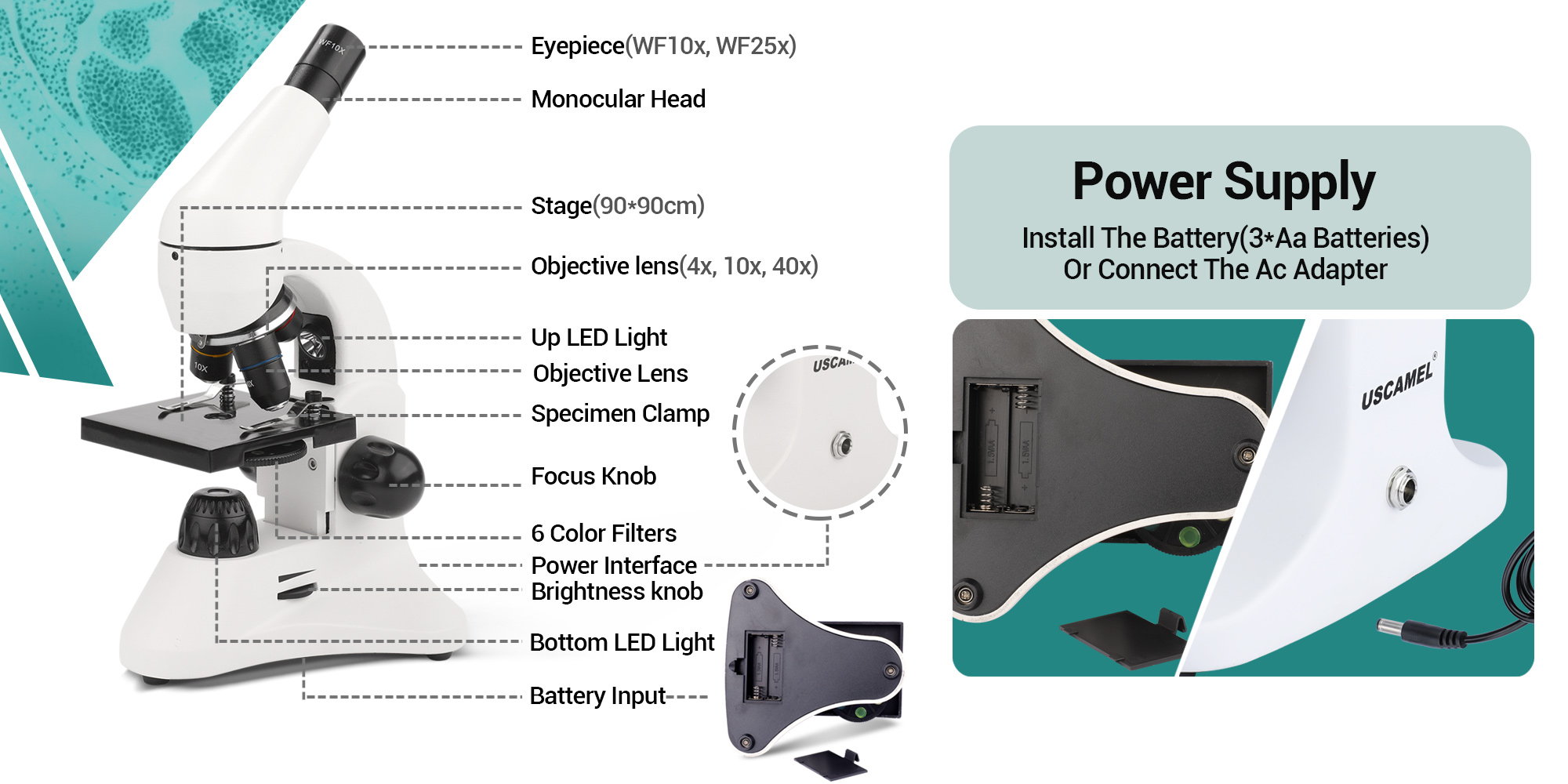 USCAMEL 40x-2000x Biological Microscope Beginner Microscope Lab Kit ...