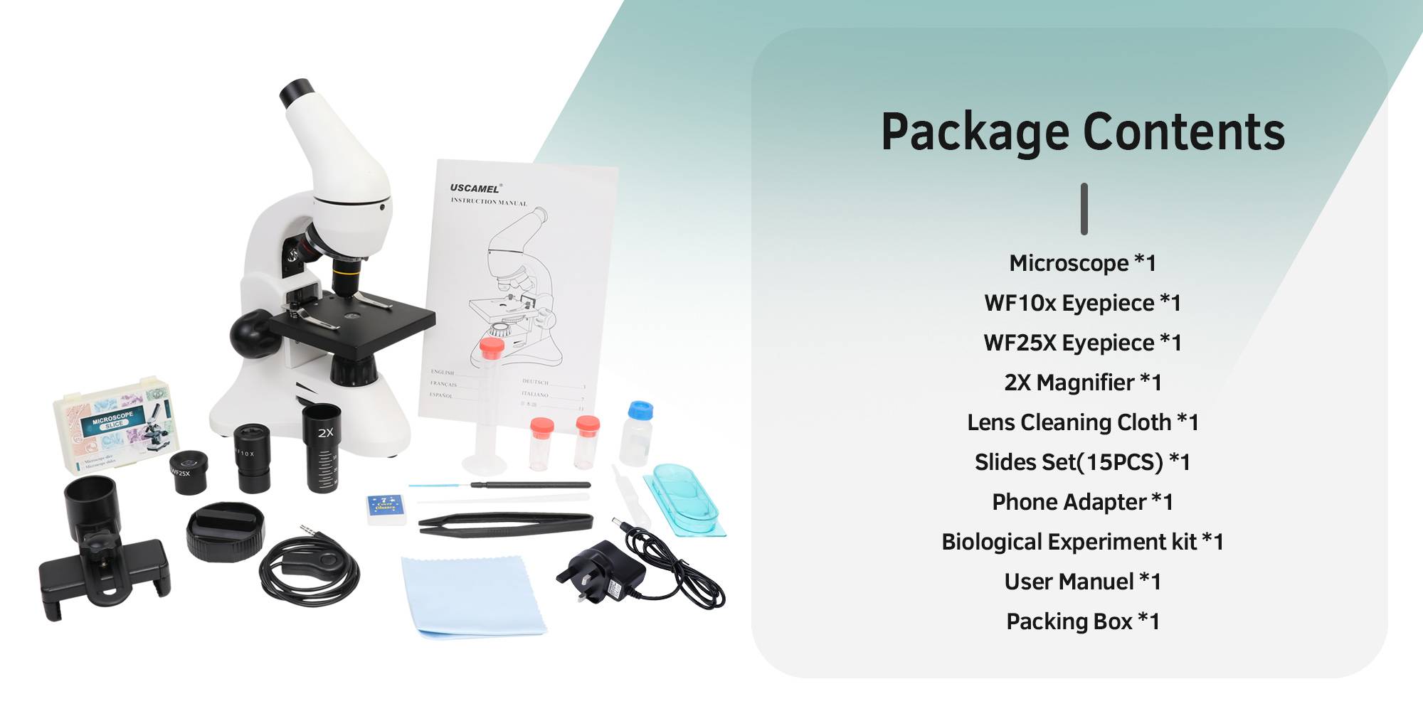 USCAMEL 40x-2000x Biological Microscope Beginner Microscope Lab Kit ...