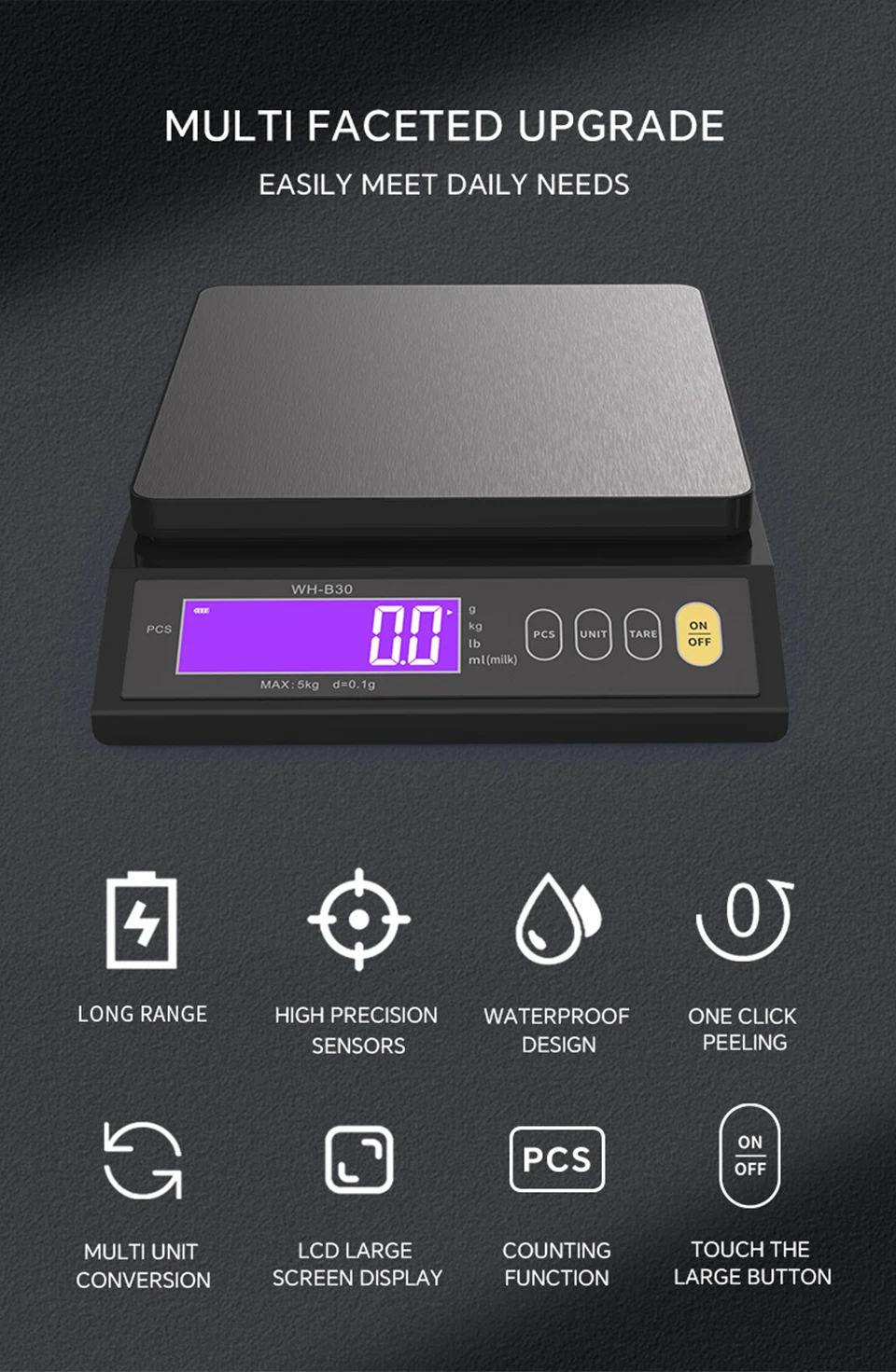 5kg/10kg Rechargeable Electronic Kitchen Scale Stainless Steel Waterproof Home Use Digital ...