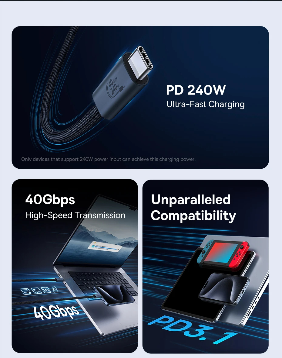 Baseus 240W USB 4.0 40Gbps USB C Cable For iPhone 15 Promax 8K/60HZ Type C to Type C Data Cable ...