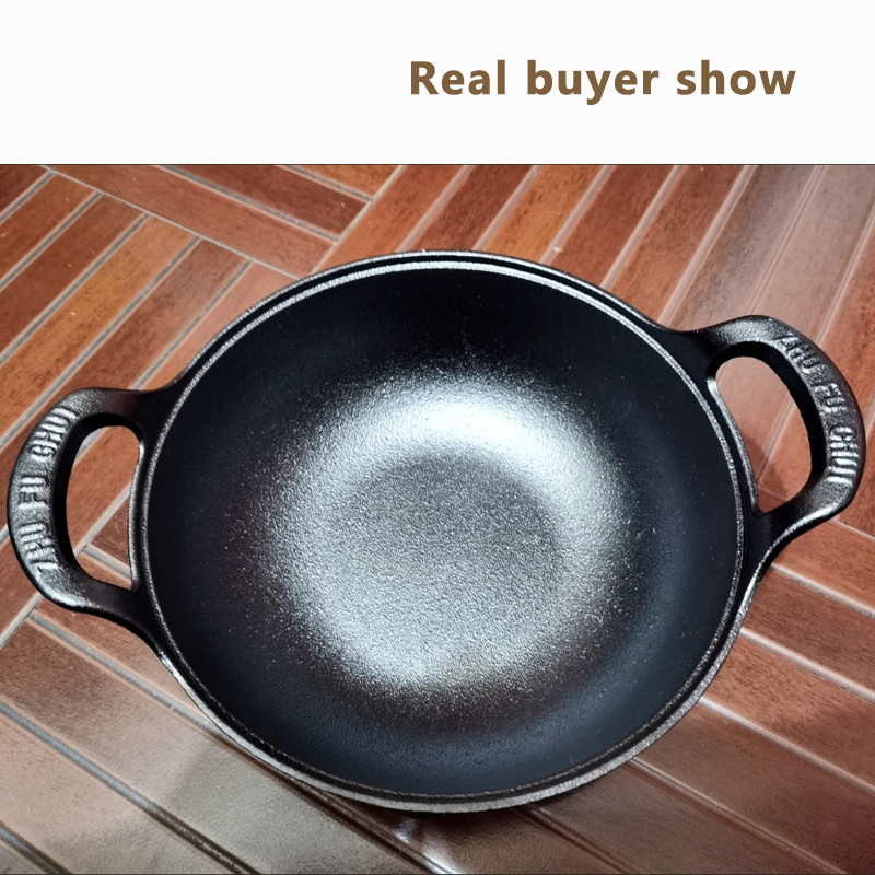 Cast Iron Wok Smokeless Pan Double-Ear Old-Fashioned Frying Pan Enamel ...