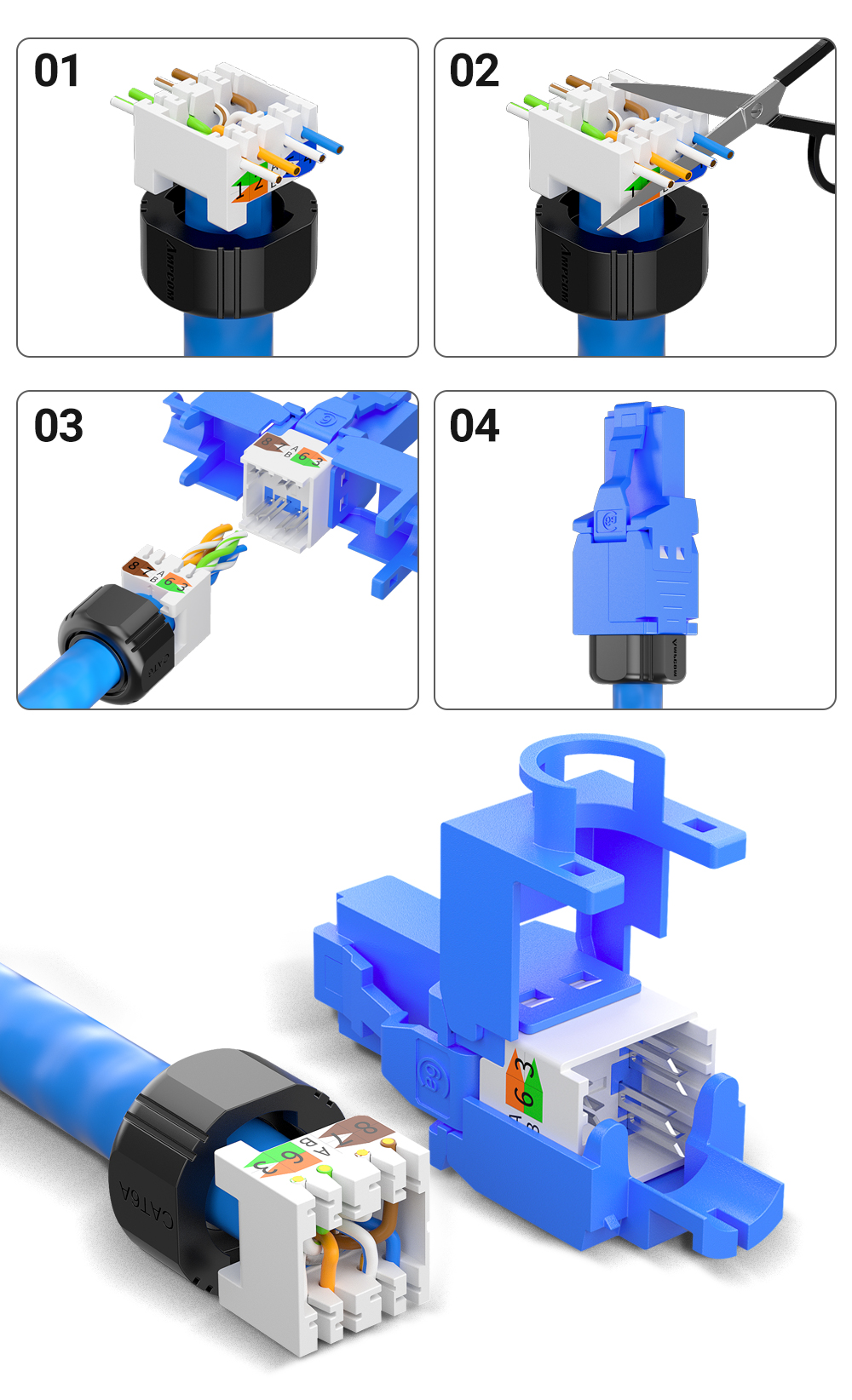 AMPCOM RJ45 Connectors Modular Plug CAT6A CAT6 UTP Network Toolless ...