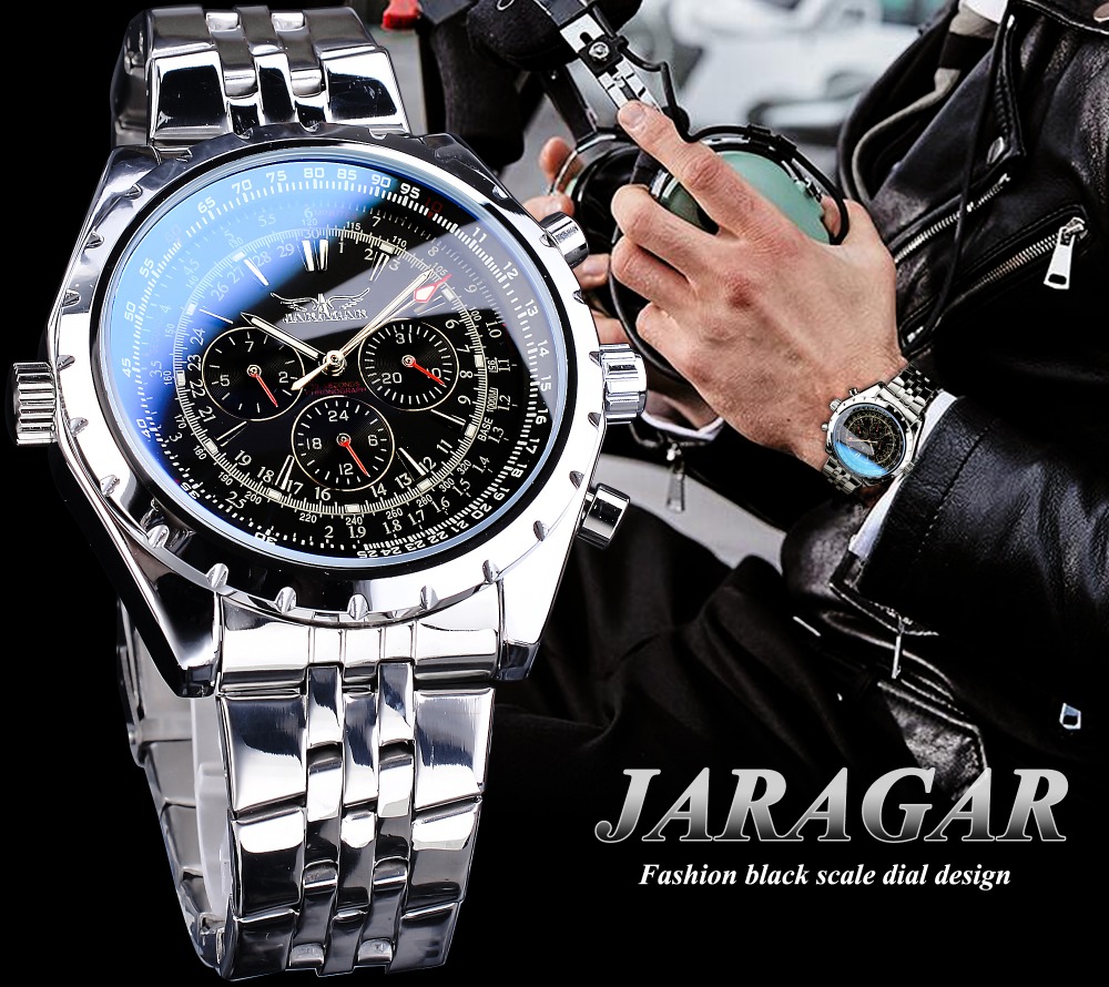 JARAGAR Automatic Watch Black Silver Stainless Steel Date Clock ...