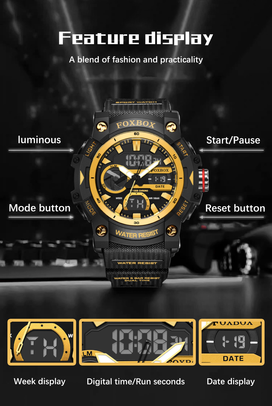 FOXBOX New Digital Watch Men 2.16inch Big Dial Dual Display Outdoors ...