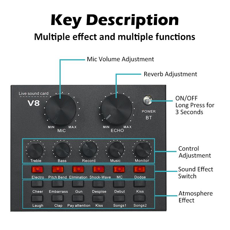 Microphone Condenser V8 Sound Card Headset Recording USB Bluetooth ...
