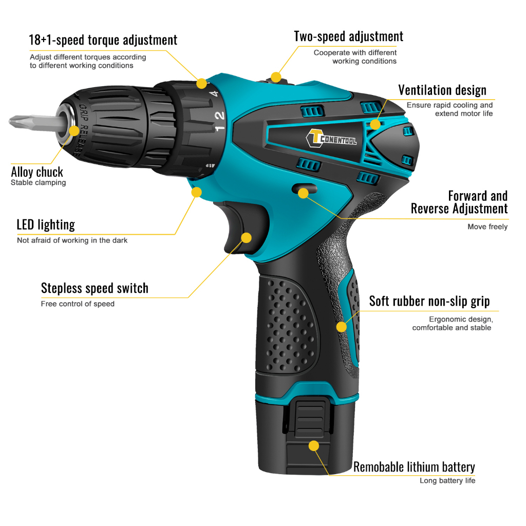 Conentool 12V 388VF Li-on Battery Hand Drill Cordless Set Car Cordless ...