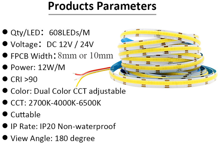 COB LED Strip Light White CCT Tunable 608LEDs/m 5m 10m Dimmable 2700K-6500K 12V 24V LED Tape ...
