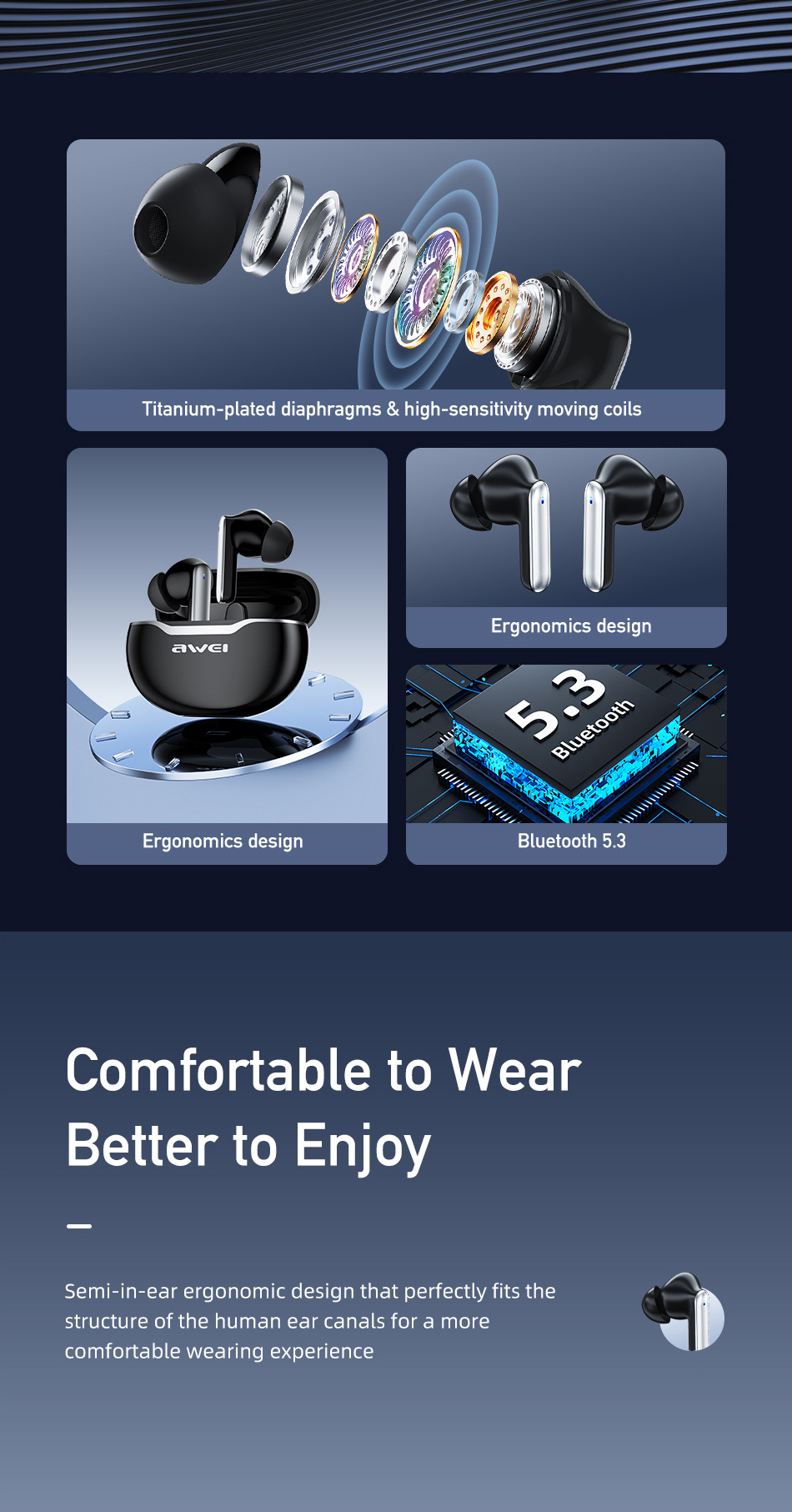 Awei T50 True Wireless Earbuds HiFi Stereo Bluetooth Earphone ENC Noise ...