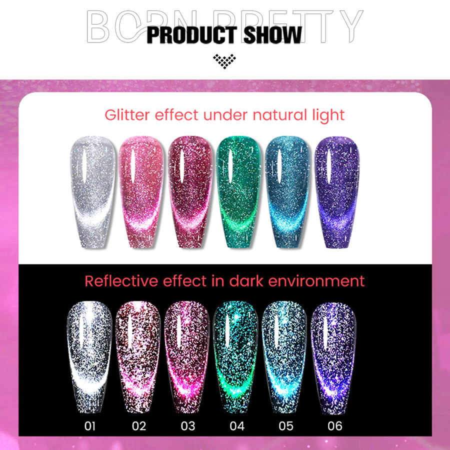 6Colors 8ml Reflective Glitter Cat Eye Gel Nail Polish Reflective, Sparkly, Soak Off UV LED ...
