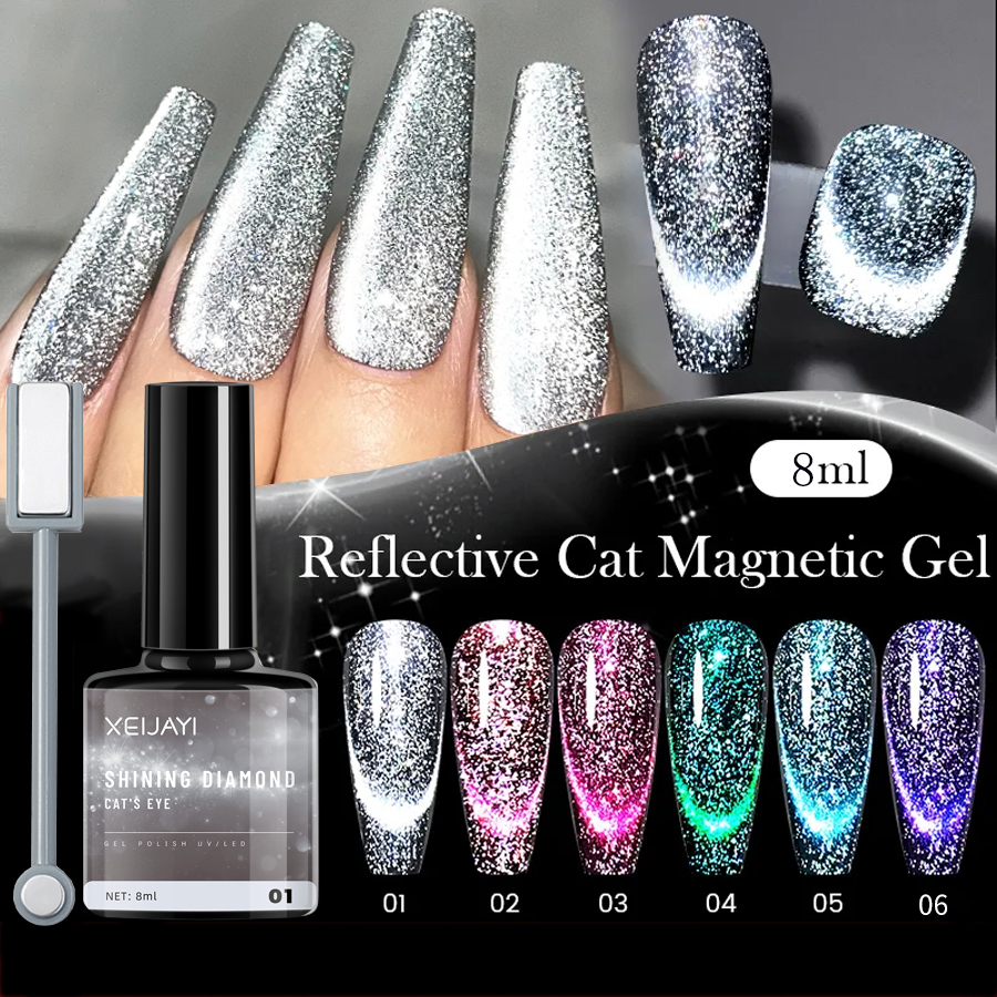 6Colors 8ml Reflective Glitter Cat Eye Gel Nail Polish With Magnetic Stick Reflective, Sparkly ...