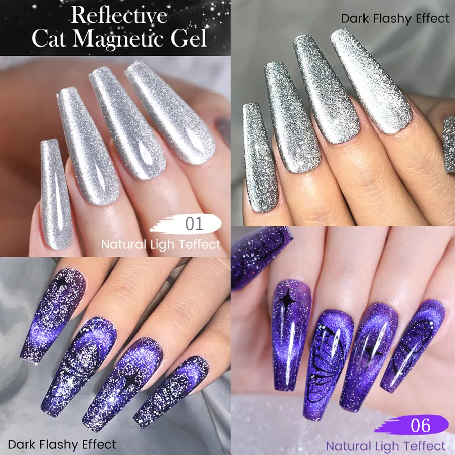 6Colors 8ml Reflective Glitter Cat Eye Gel Nail Polish With Magnetic Stick Reflective, Sparkly ...